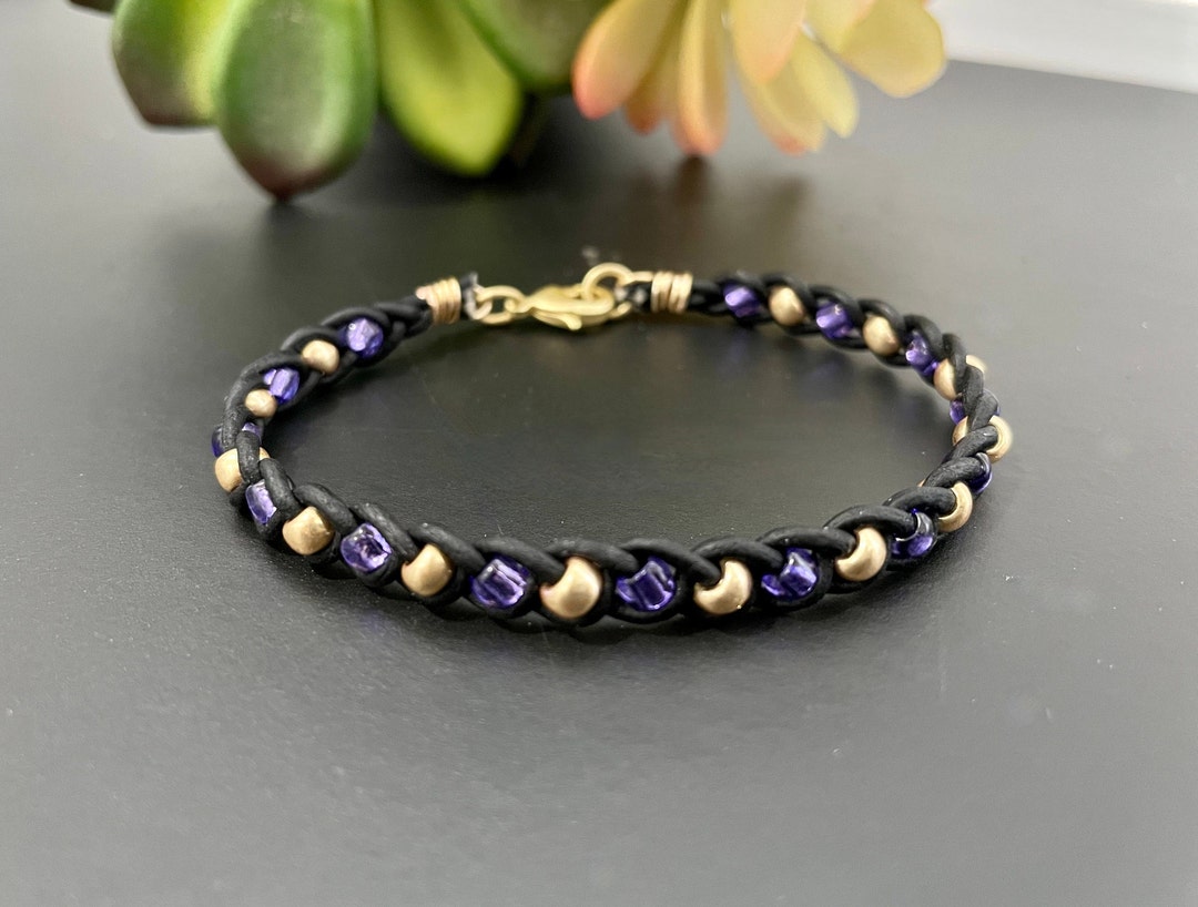 Custom Color Seed Bead Braided Leather Bracelet, Unisex Braided ...