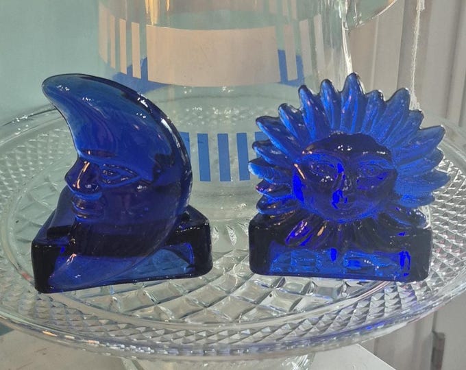 Vintage Cobalt Blue Glass Sun and Moon Tea Light Candle Holder Set - Etsy