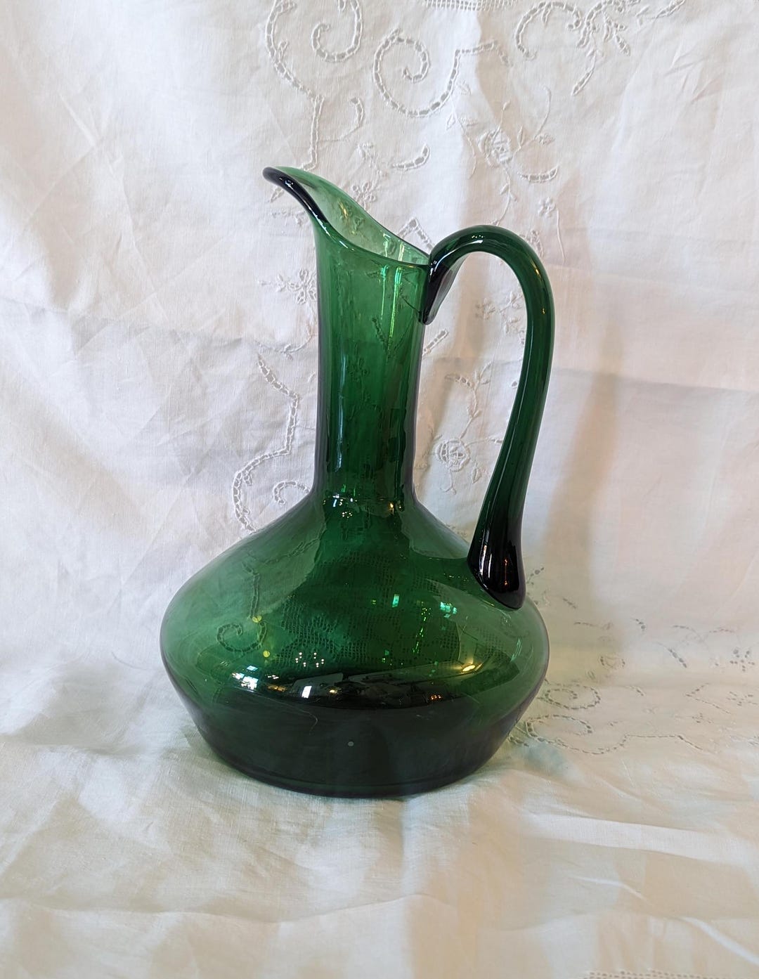 Vintage Deep Forest Green Art Glass Pitcher - Etsy