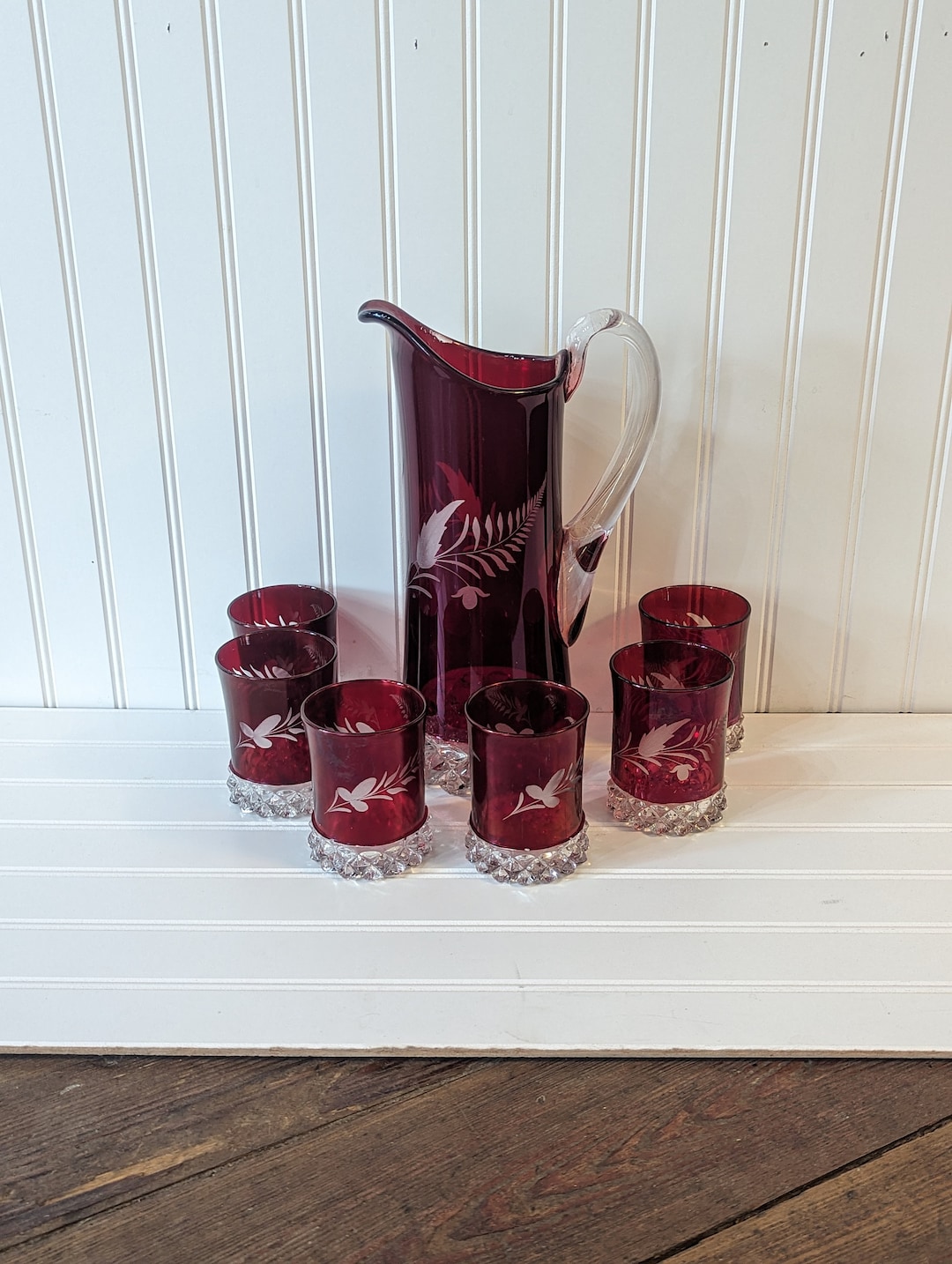 Vintage Ruby Cut-to-clear Glass Pitcher Set - Etsy
