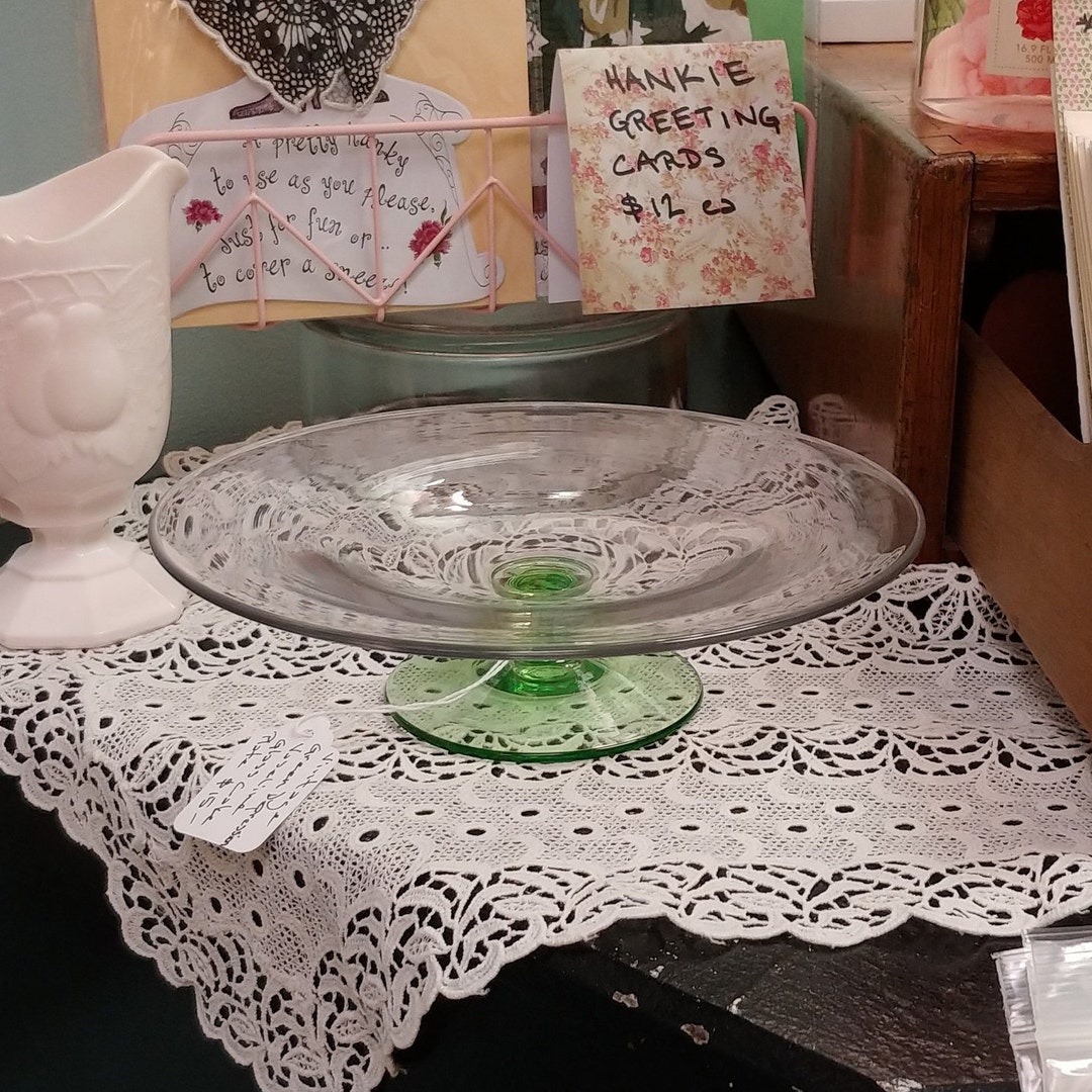 Vintage Green Footed Depression Vaseline Glass Green Cake Plate/dessert ...