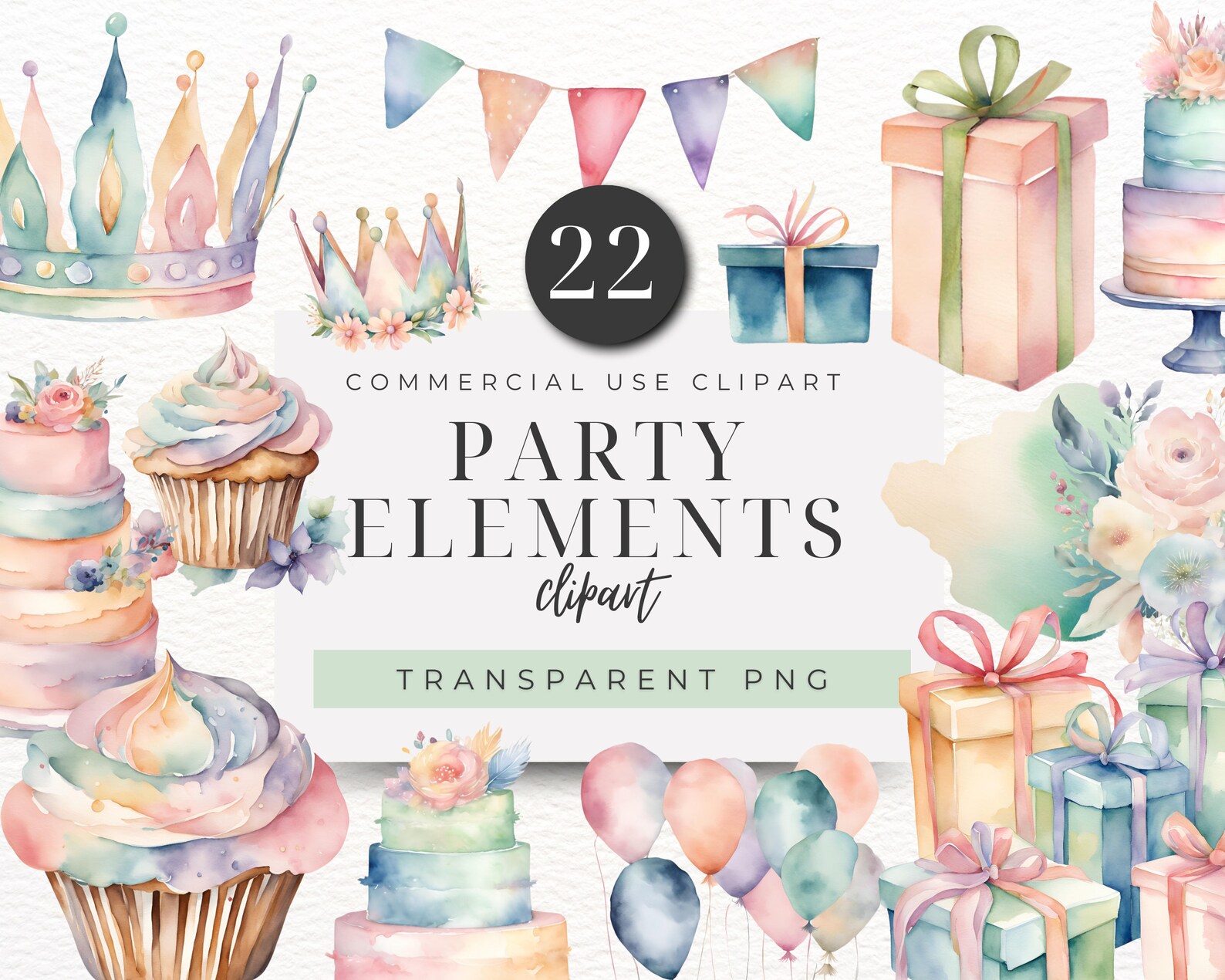 Watercolor Party Clipart: Pastel Party Decorations, PNG Stickers ...