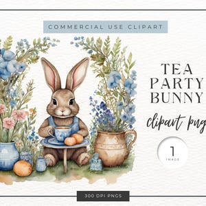 Bunny Tea Party Watercolor Clipart: Blue Rabbit PNG, Commercial Use - Etsy
