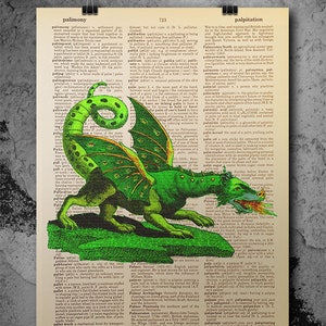Fire Breathing Dragon, Dictionary Art Print, Vintage Antique Book Page ...