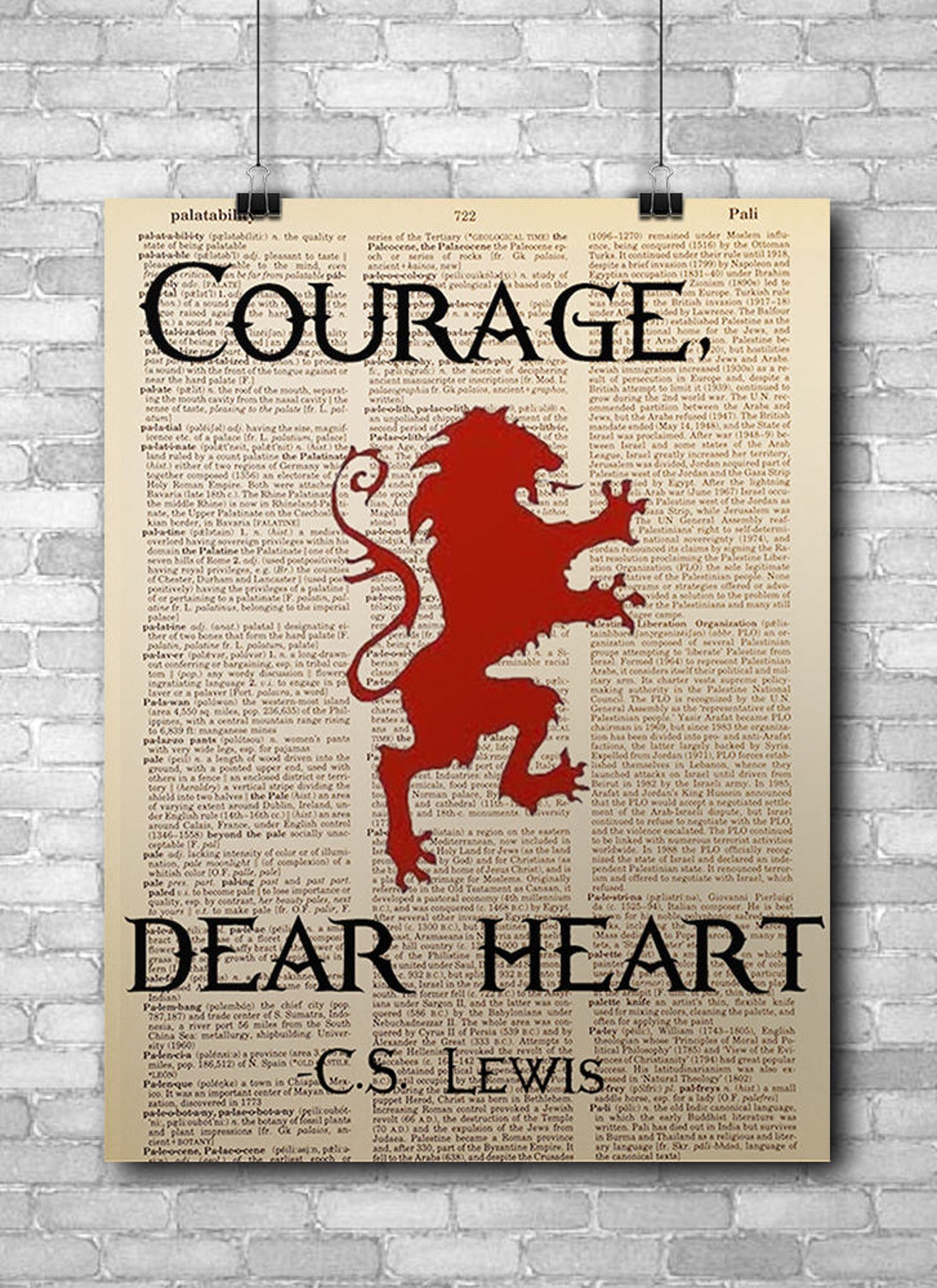 Courage Dear Heart CS Lewis Quote Dictionary Art Print | Etsy