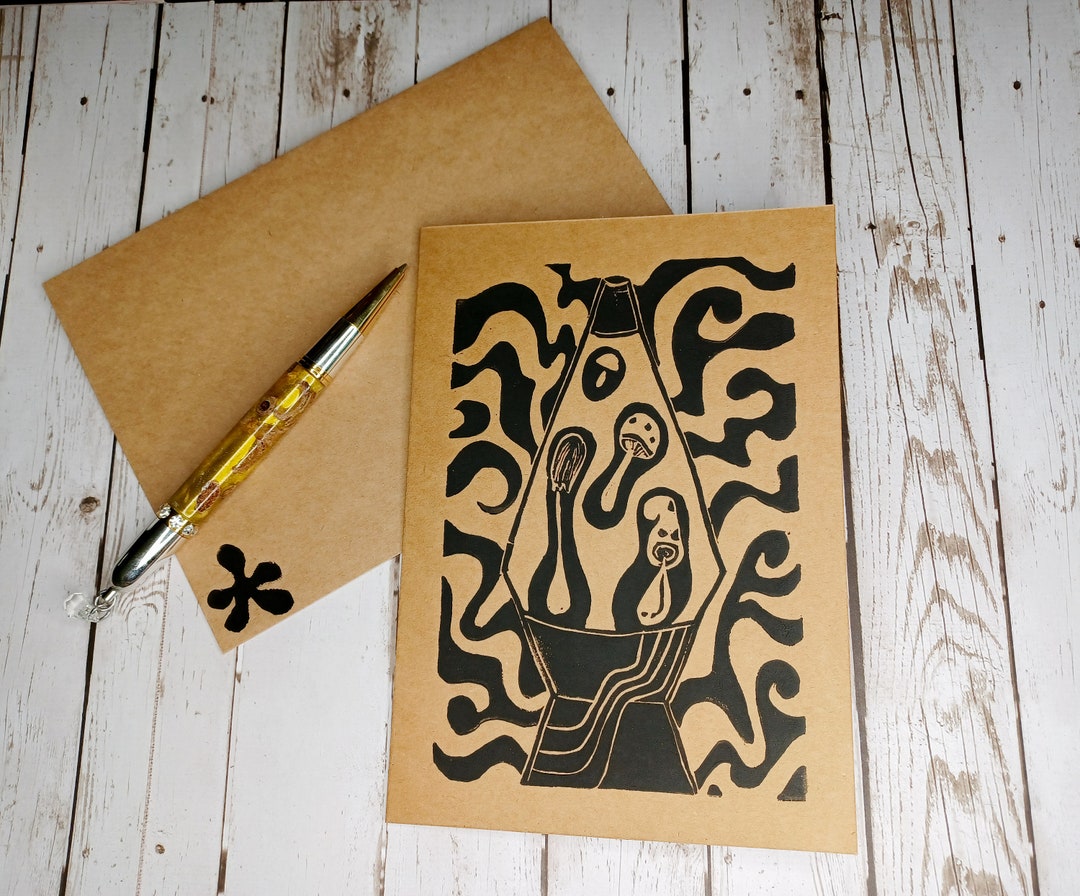 Lava Lamp Greeting Card, Block Printed Greeting Card, Retro Mushroom ...