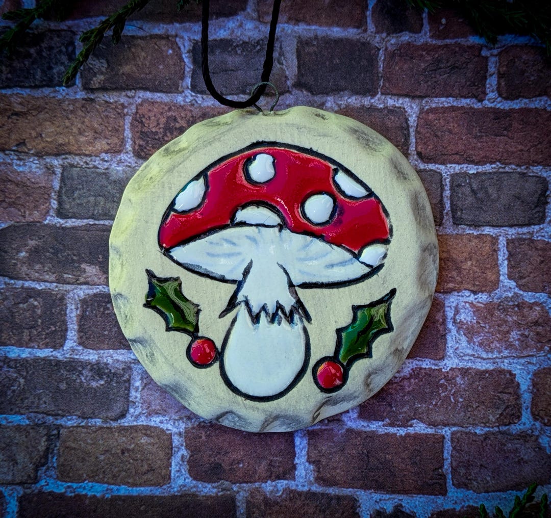 Mushroom Ornament, Red Pottery Bauble, Ceramic Yule Décor, Natural Clay ...
