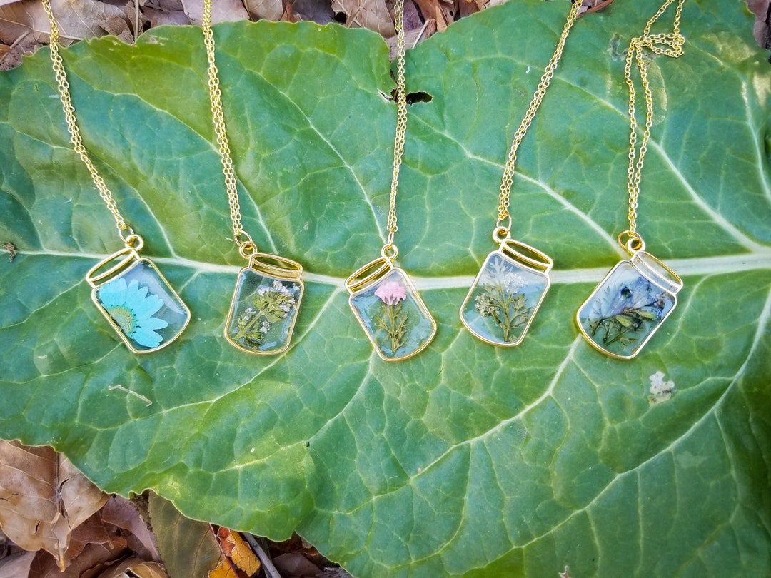 Mason Jar Flower Pendant, Cottagecore Blue Flowers Necklace, Green ...