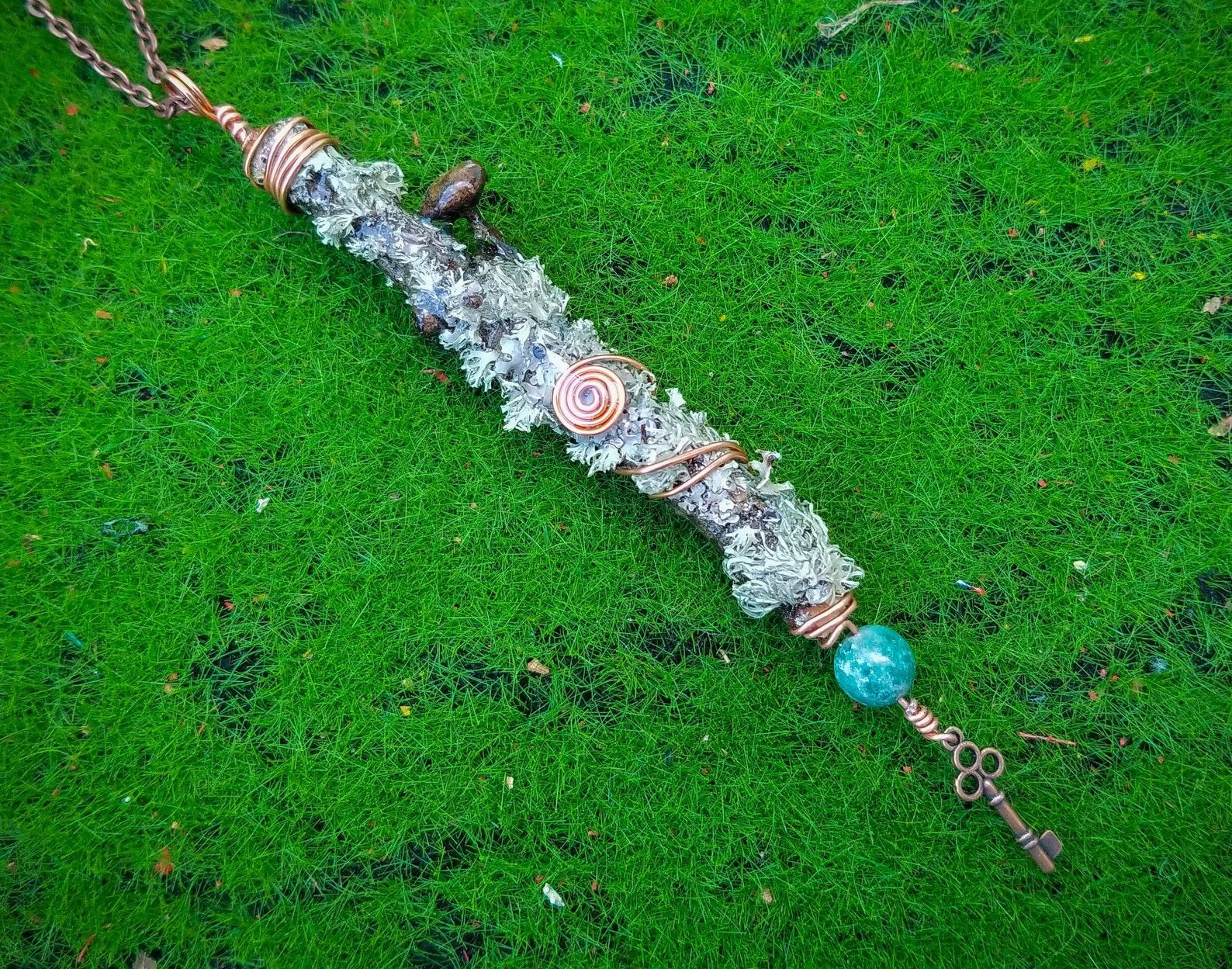 Twig Necklace, Copper Spiral Moss Agate Key Branch Pendant, Natural ...