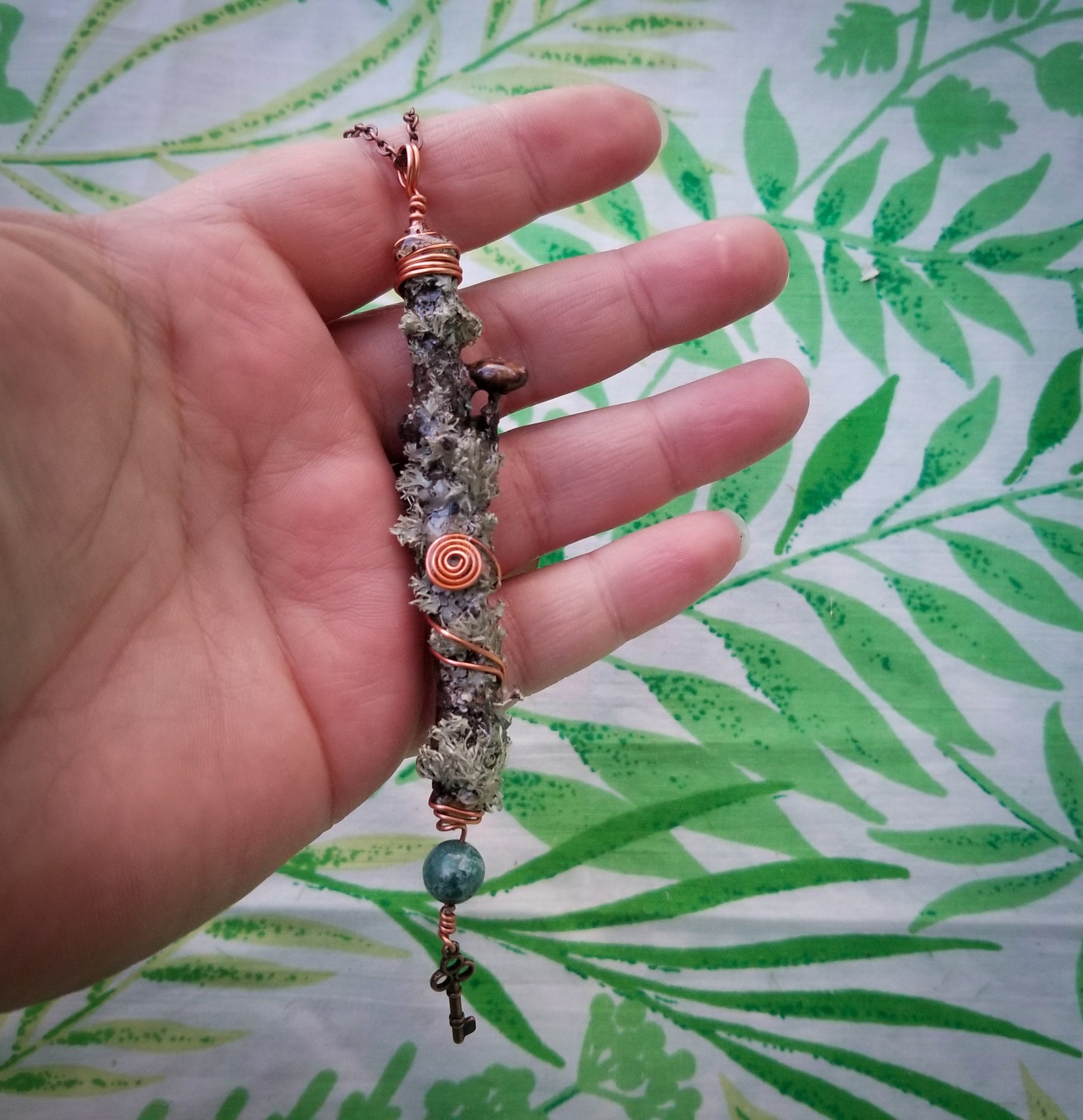 Twig Necklace, Copper Spiral Moss Agate Key Branch Pendant, Natural ...