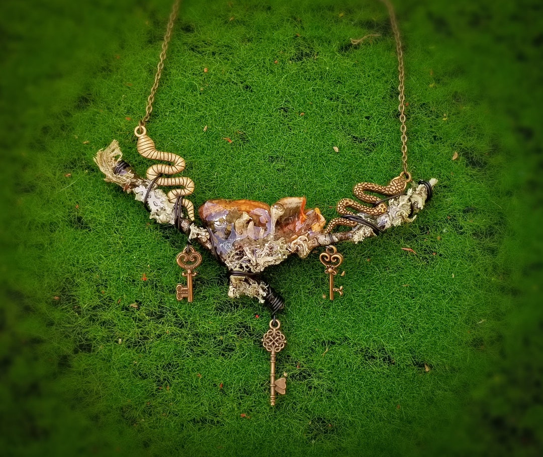 Snake & Worm Turkey Tail Mushroom Statement Necklace, Real Lichen ...