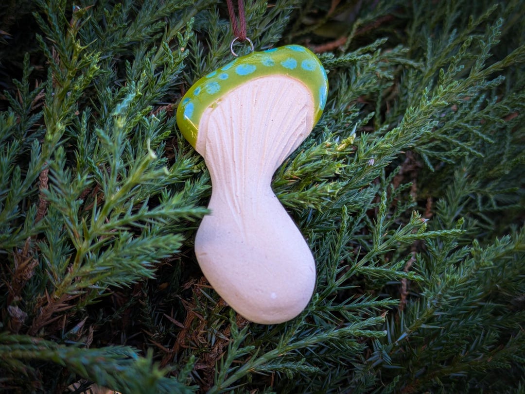 Mushroom Ornament, Green Pottery Bauble, Ceramic Yule Décor, Natural ...