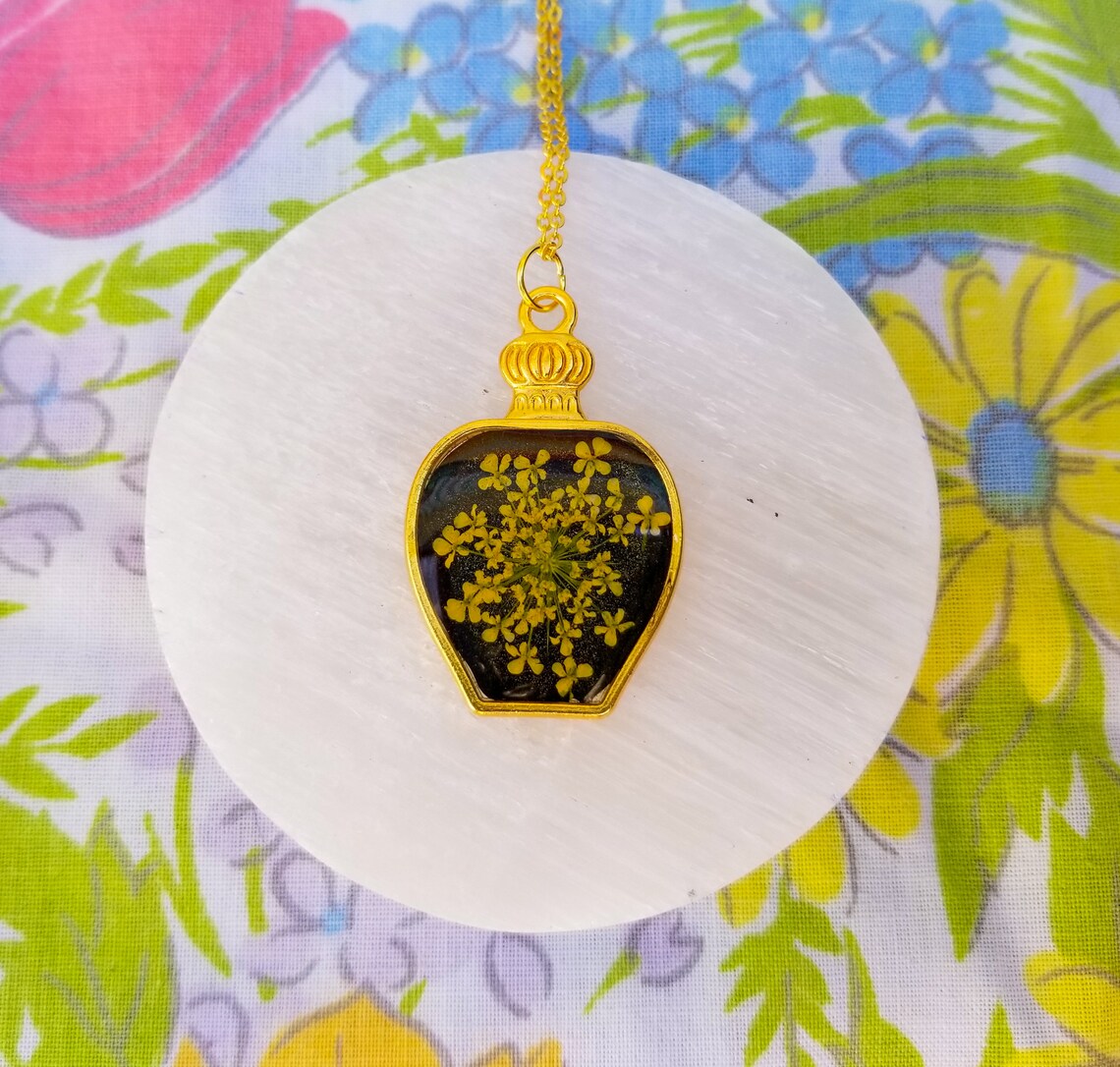 Pressed Yellow Flower Necklace, Floral Bottle Jewelry, Spell Bottle ...