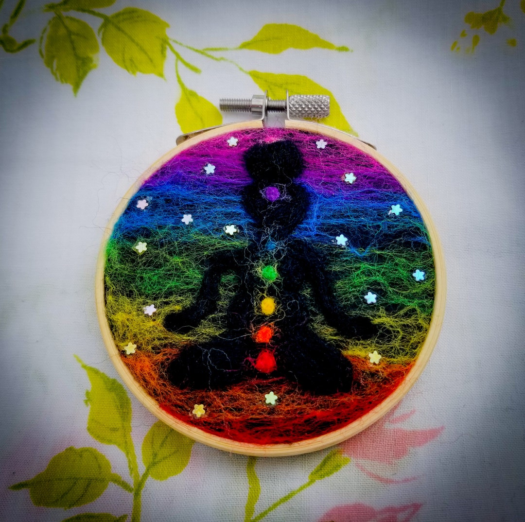 Needle Felted Chakra Woman, Embroidery Hoop Felt, Rainbow Galaxy Fiber ...