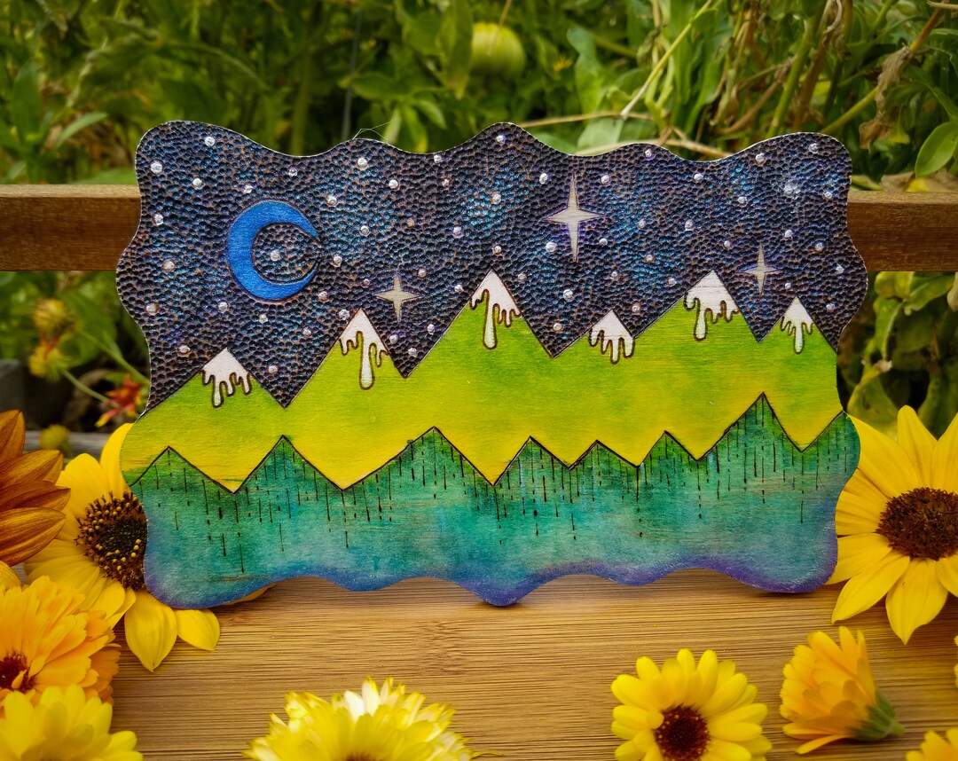 Wood Burned Mountain Wall Hanging, Hand Drawn Pyrography Décor ...