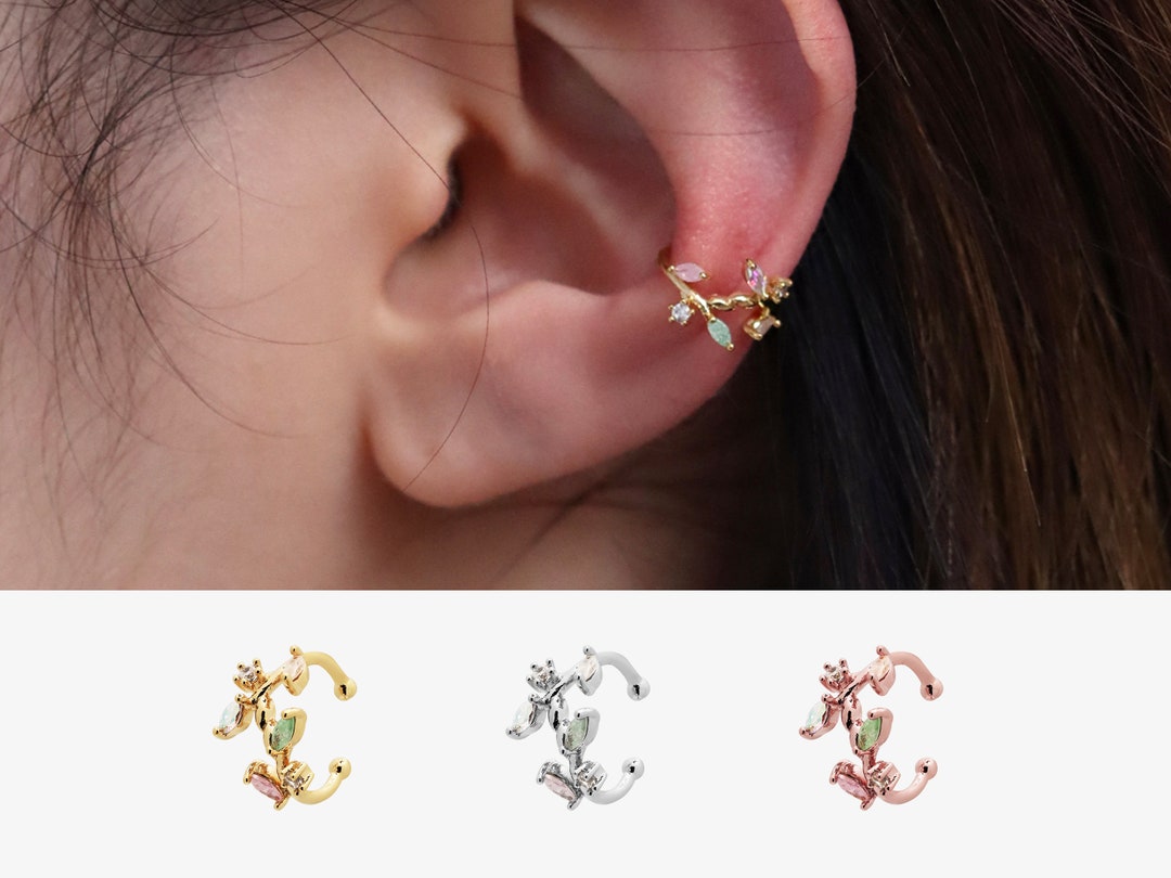 Rainbow Gem Laurel Leave Ear Cuff Earstack Earwrap Nonpierced Earrings ...