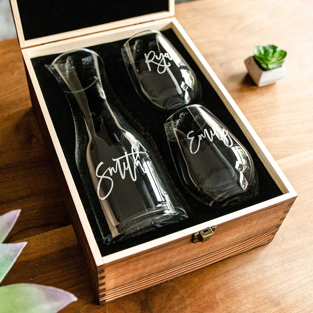 Wine Decanter Set - Wood Box Decanter Set - 2 Stemless Wine Glasses ...