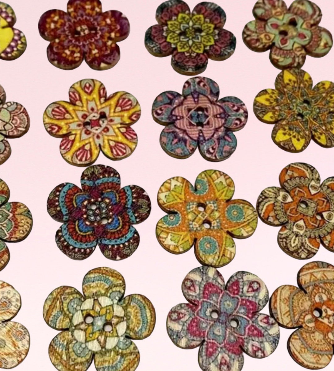 Flower Boho Wood Buttons. 10 Pack Wooden Buttons. Assorted Flower ...