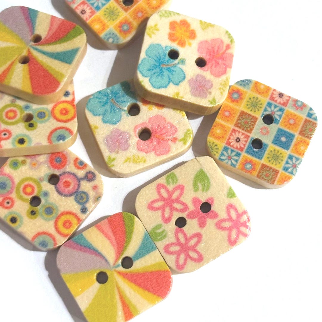 Boho Floral Wooden Square Buttons: Shabby Chic Sewing, Scrapbooking ...
