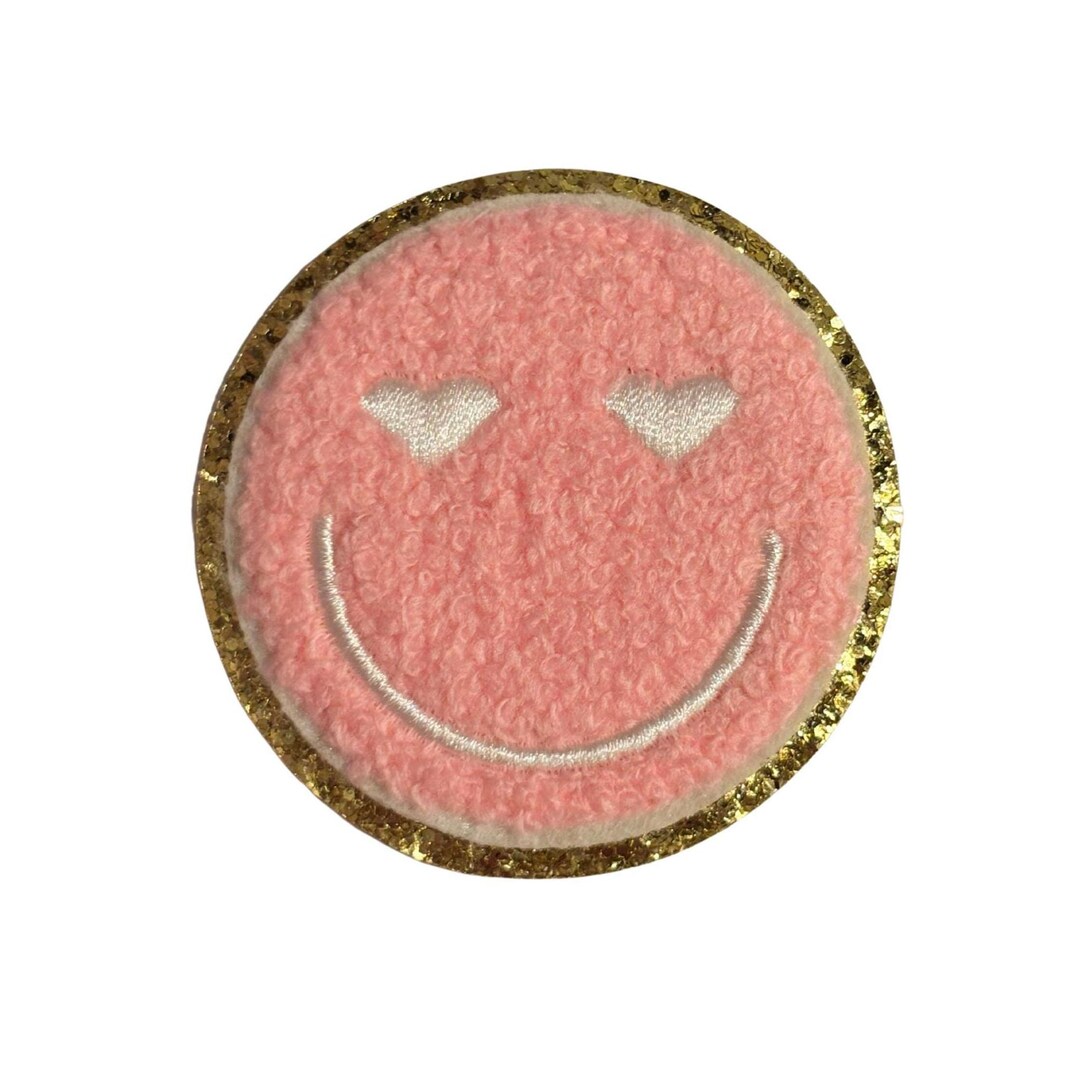 Pink Chenille Smiley Face Sticker Patch – No Iron – Heart Eyes Applique ...