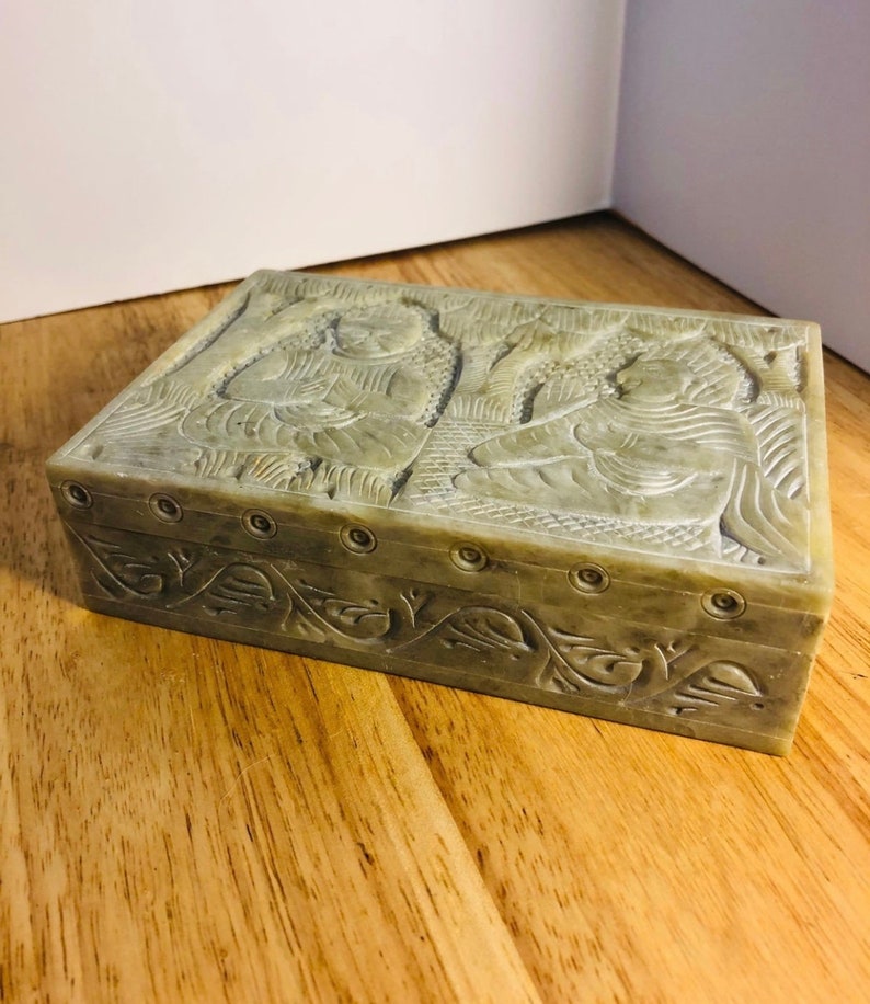 Vintage Asian Hand Carved Soapstone Jewelry Box. Jade Colored. Stunning ...