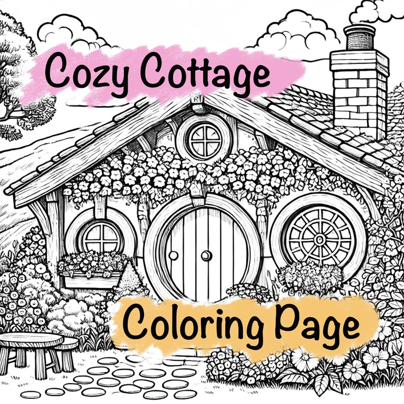 Cozy Cottage Coloring Page in Bloom - Etsy