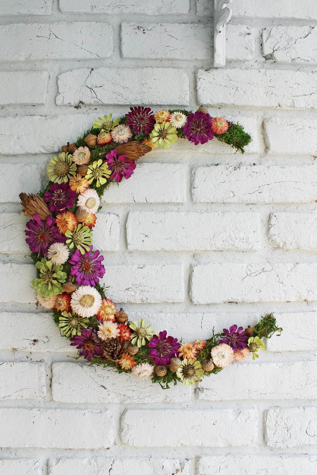 Dried Floral Moon Wreath – Fall Zinnias, Strawflowers & Moss ...