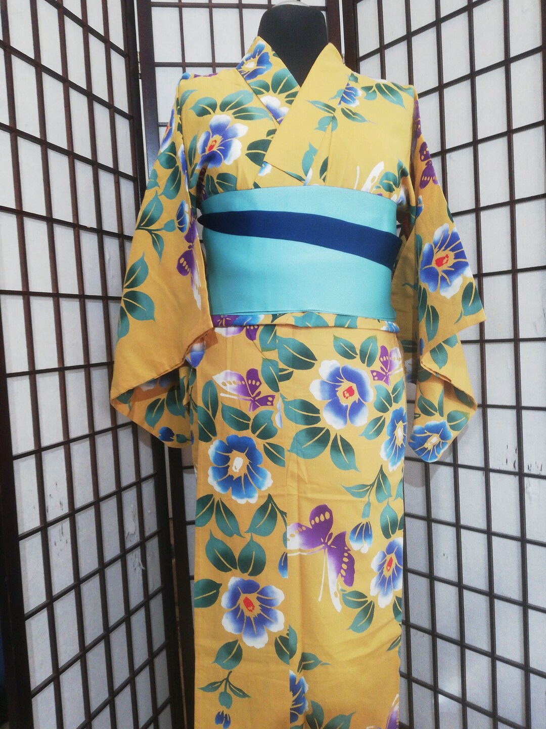 Yellow Vintage Yukata With Butterflies and Morning Glory + Vintage ...