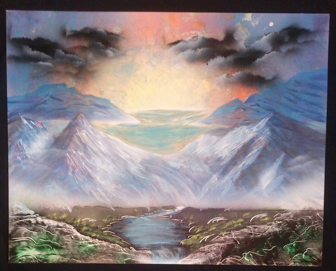 Spraypaint Art Spraypaintart MOUNTAINS LAKE RIVER Spray Paint Art Space ...