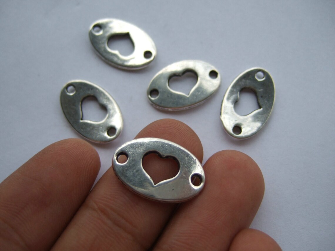 10 Antique Silver Heart Button Connector for Wrap Leather | Etsy