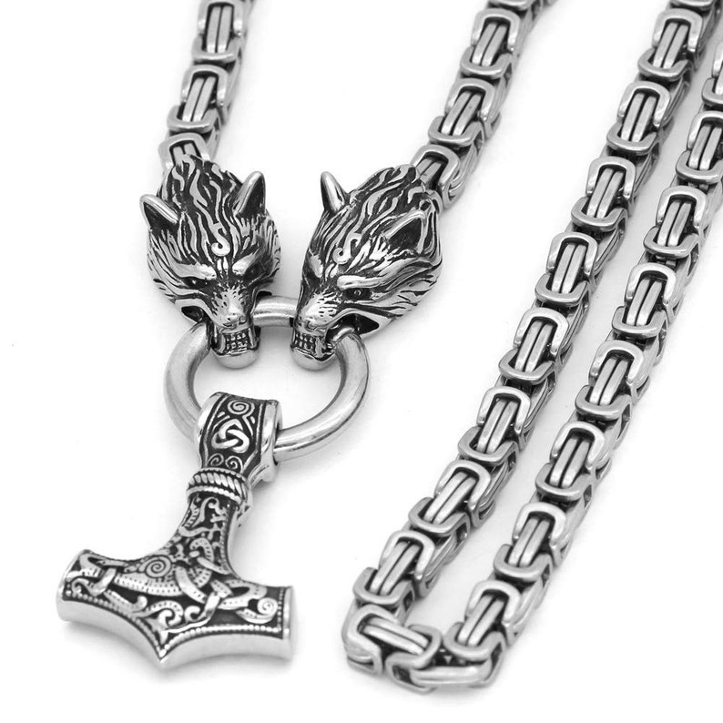 Men Stainless Steel Wolf Head Norse Viking Amulet Thor Mjolnir | Etsy
