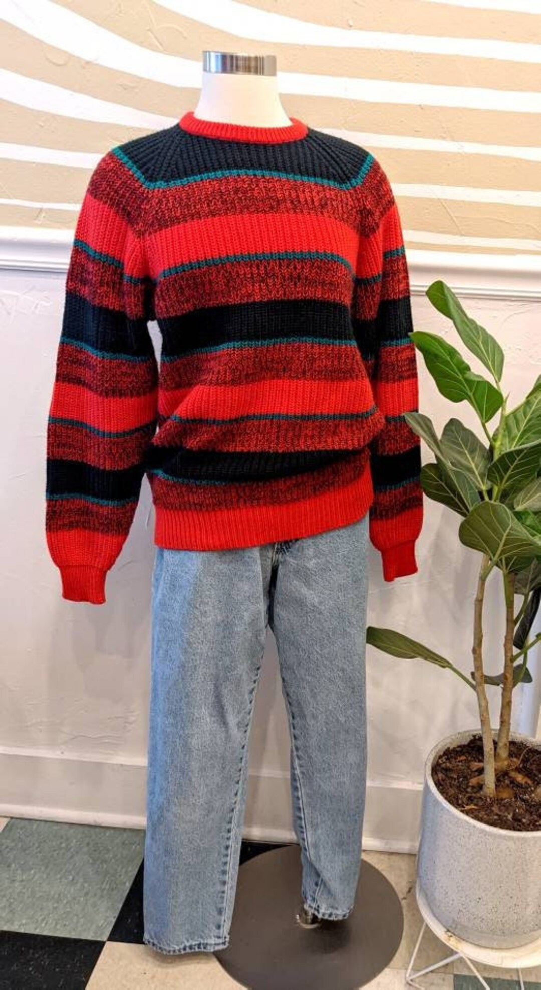 Vintage Red Striped Knit Sweater/size Medium/chunky Knit - Etsy