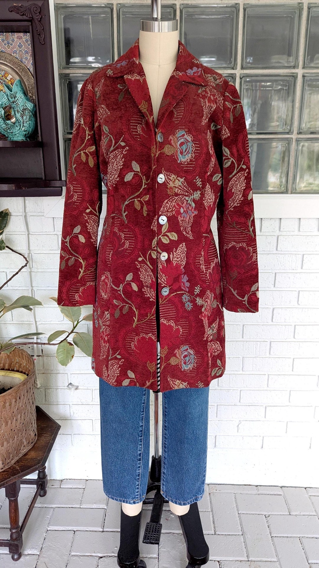 Multiples/90's Red Floral Carpet Coat/size Small/vintage/duster Coat ...