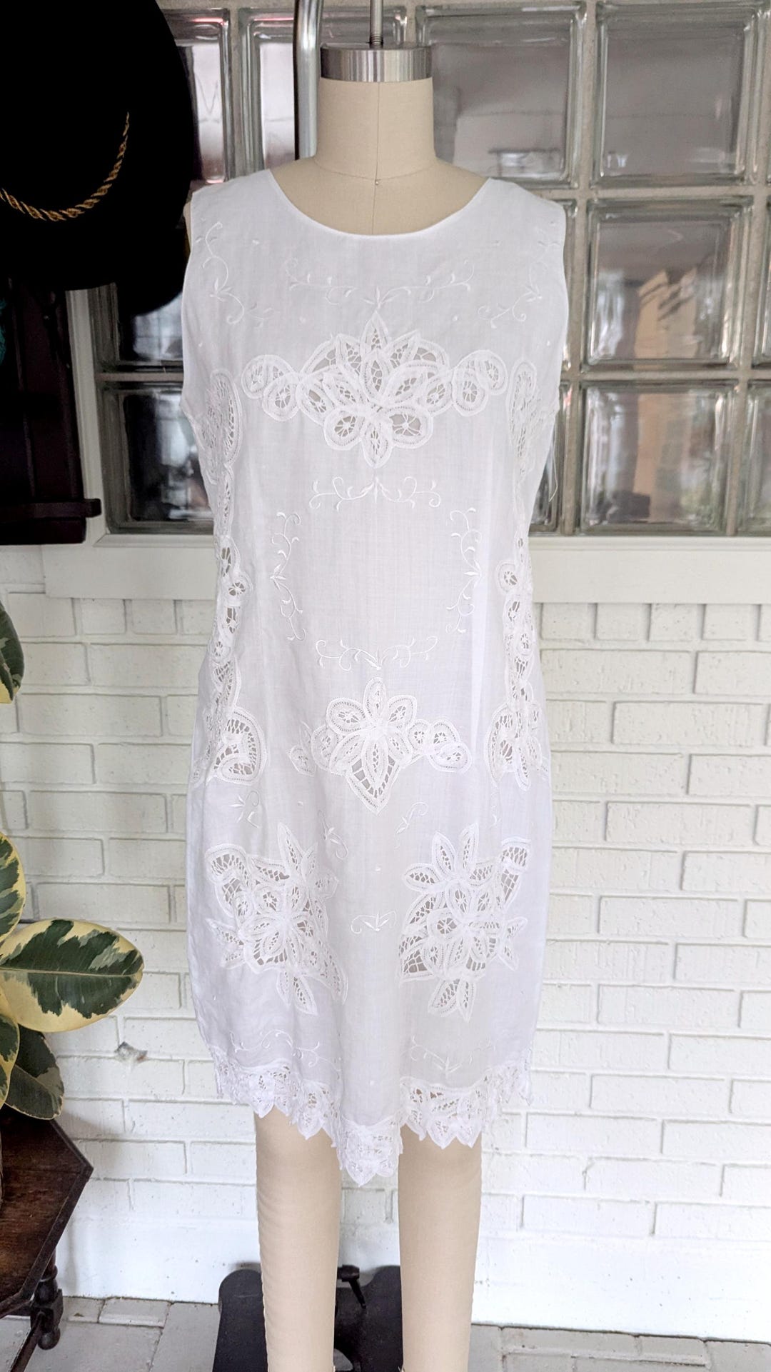 Vintage White Linen & Lace Dress/embroidered Dress/sleeveless Dress - Etsy