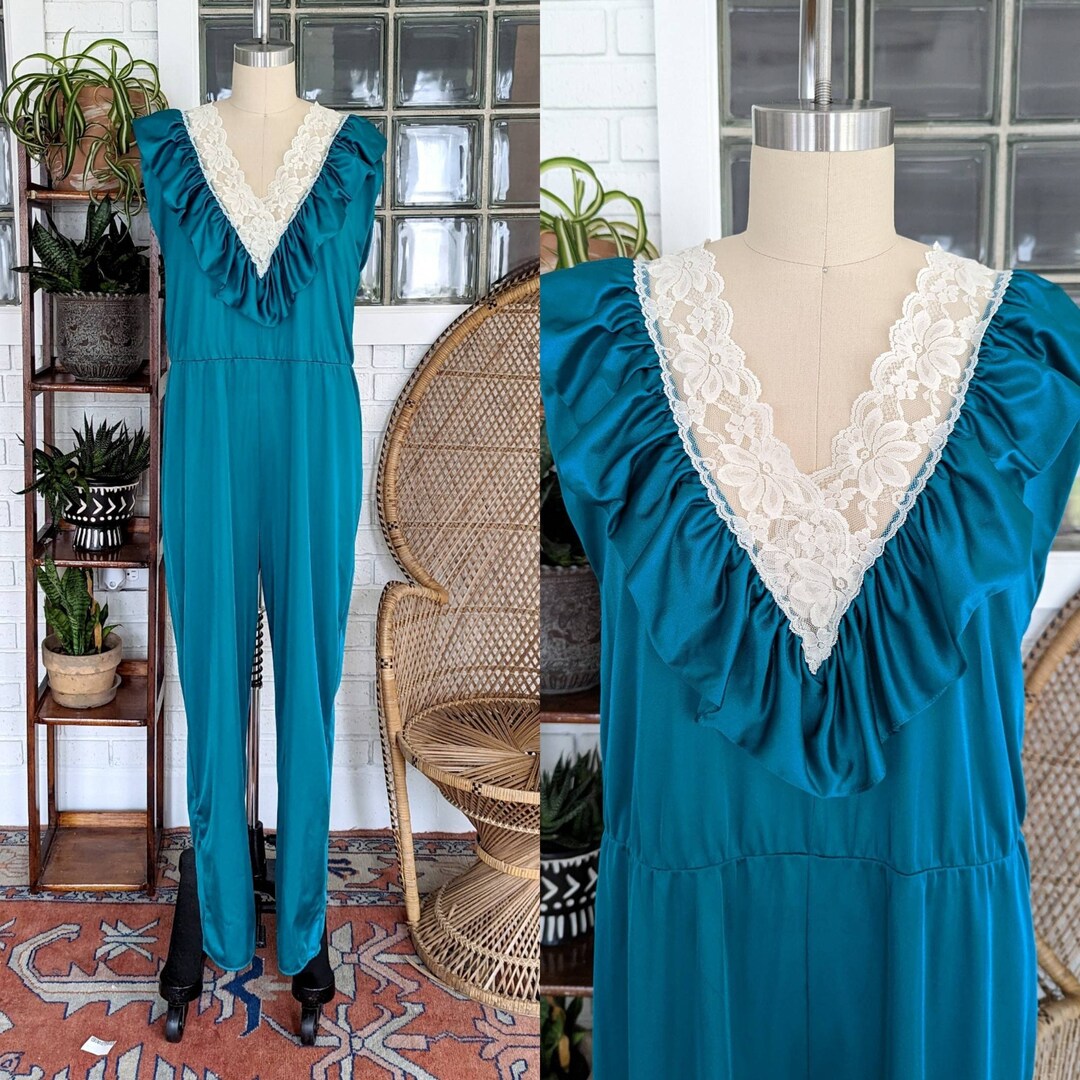 Vintage Teal Lace Trim Jumpsuit Lingerie/size - Etsy