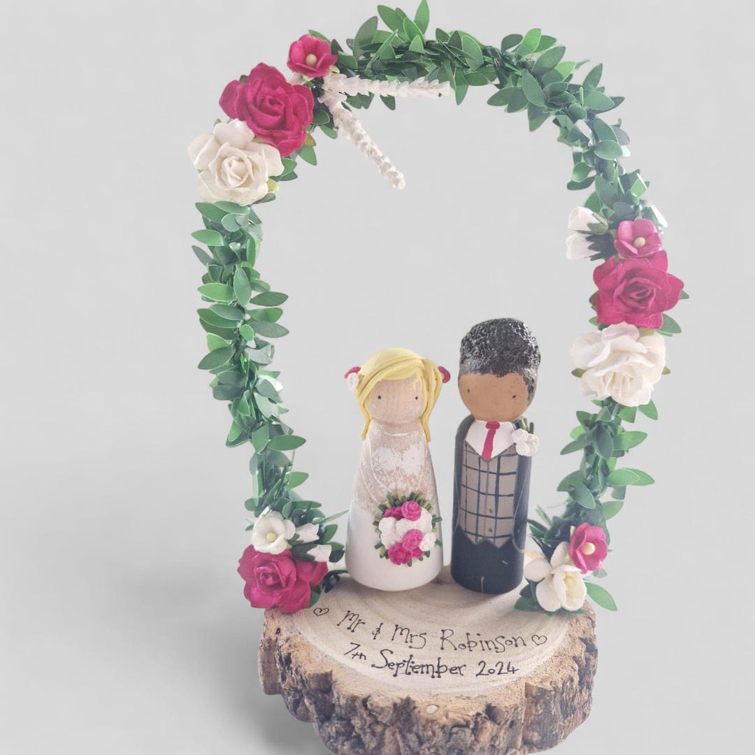 Wooden Peg Wedding Cake Toppers, Personalised, Includes Arch, Wood ...