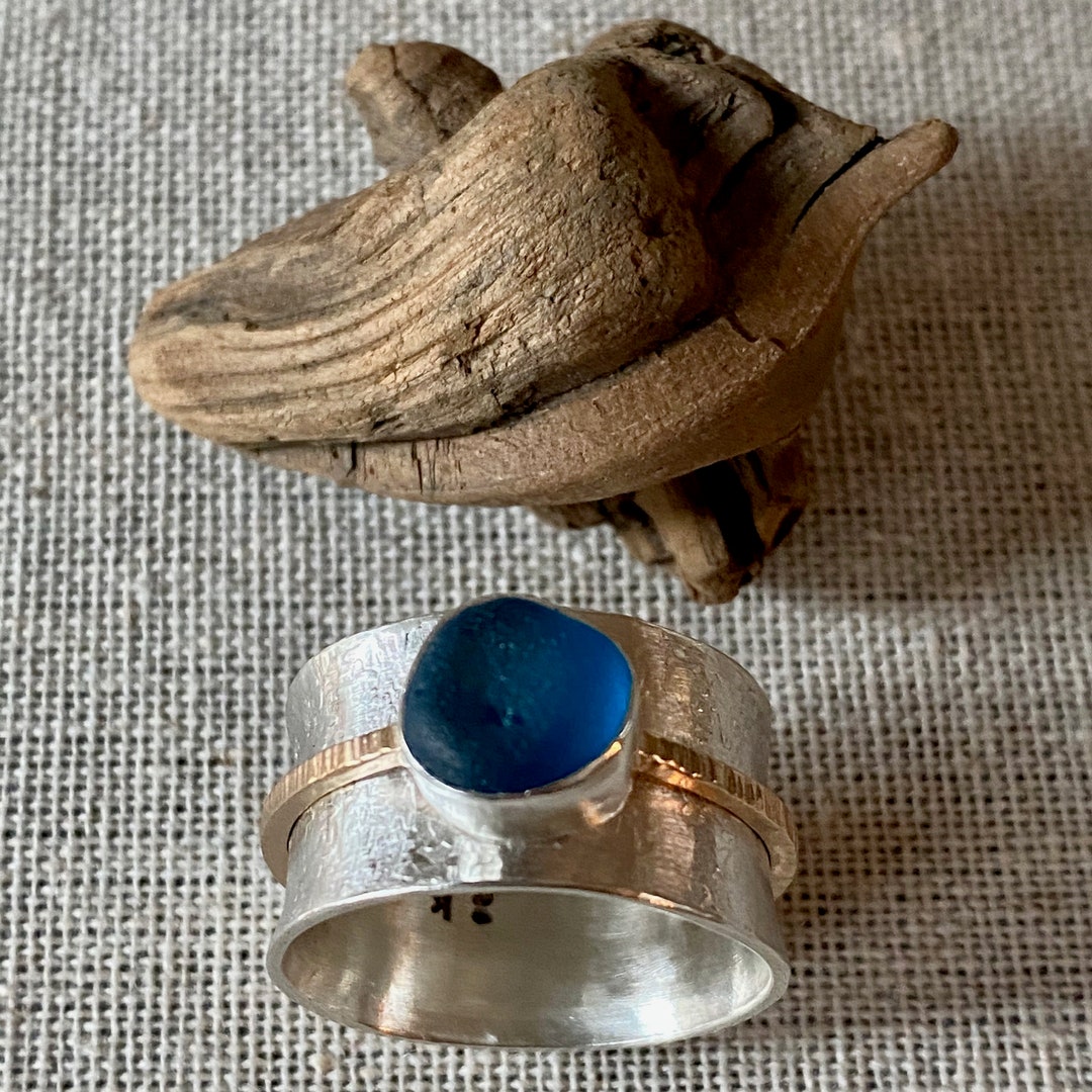 Sea Glass Ring | Sea Glass Spinner Ring | Mixed Metal Sea Glass Ring ...