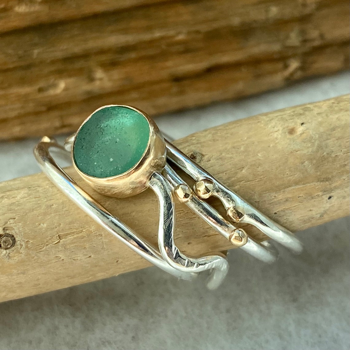 Sea Glass Ring Set, 14k Gold Fill & Sterling Silver Bands - Etsy