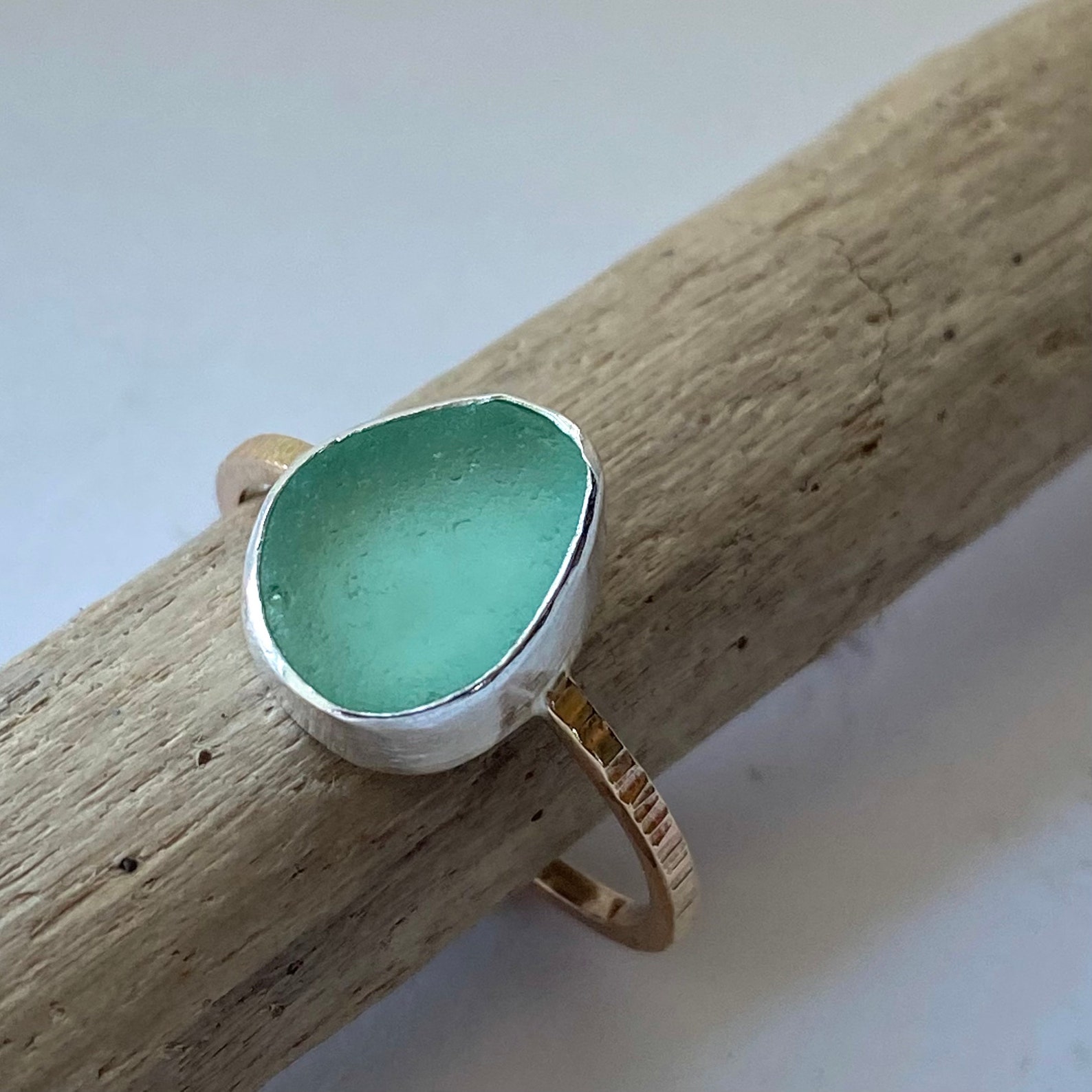 Sea Glass Ring | Mixed Metal Sea Glass Ring - Etsy