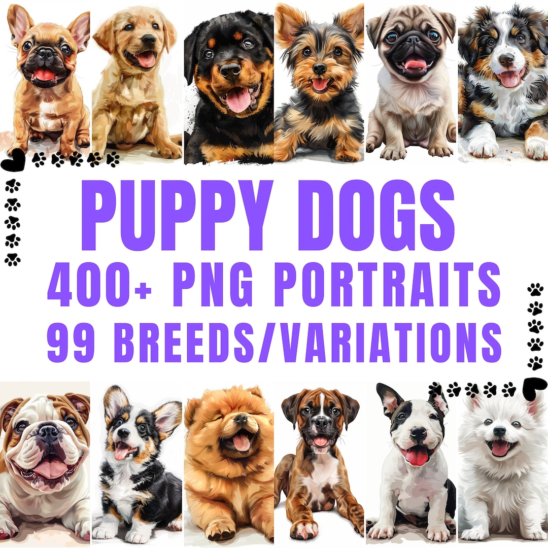 400+ Puppy Dog Design PNG Bundle, 99 Dog Breeds, Commercial Use ...