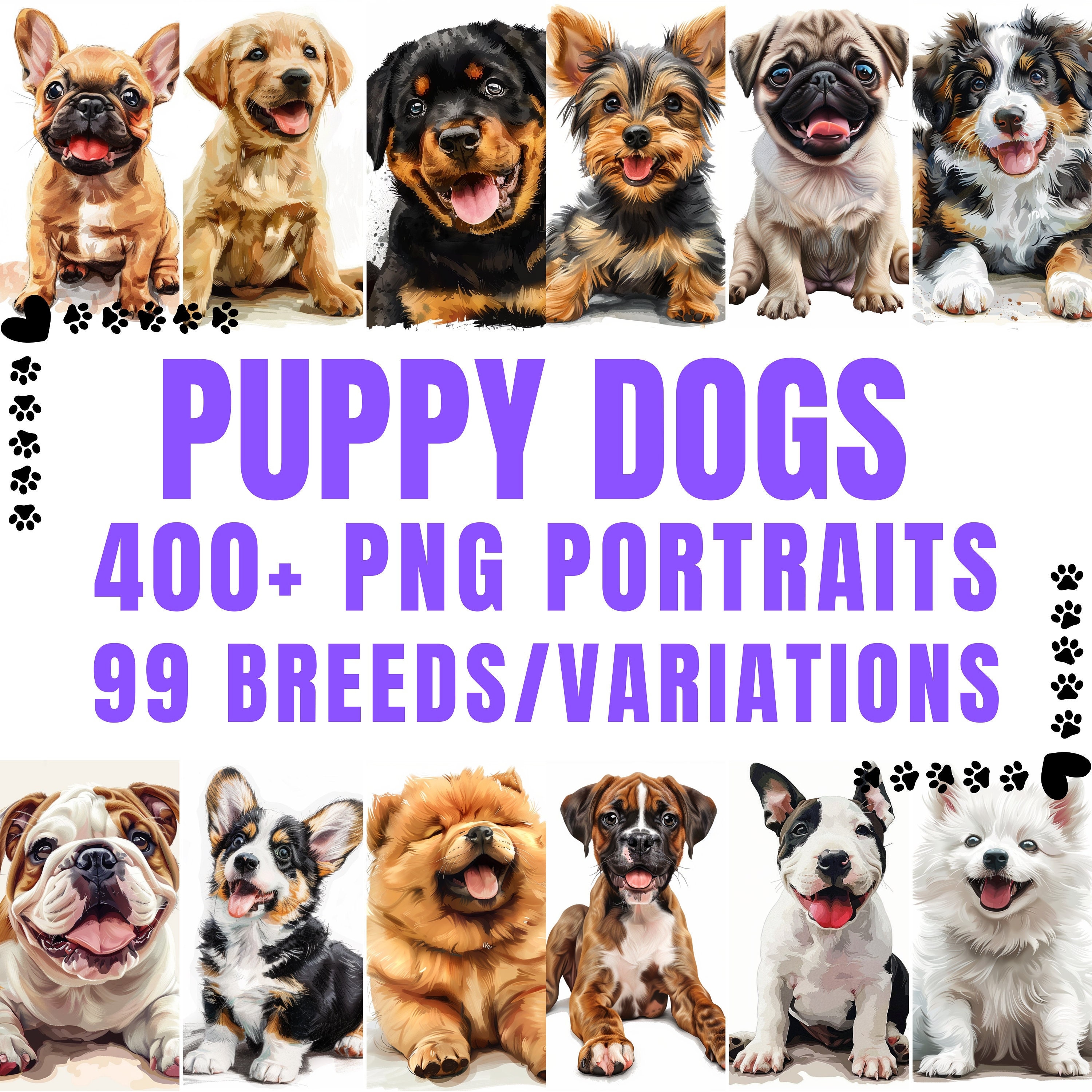 400+ Puppy Dog Design PNG Bundle, 99 Dog Breeds, Commercial Use ...