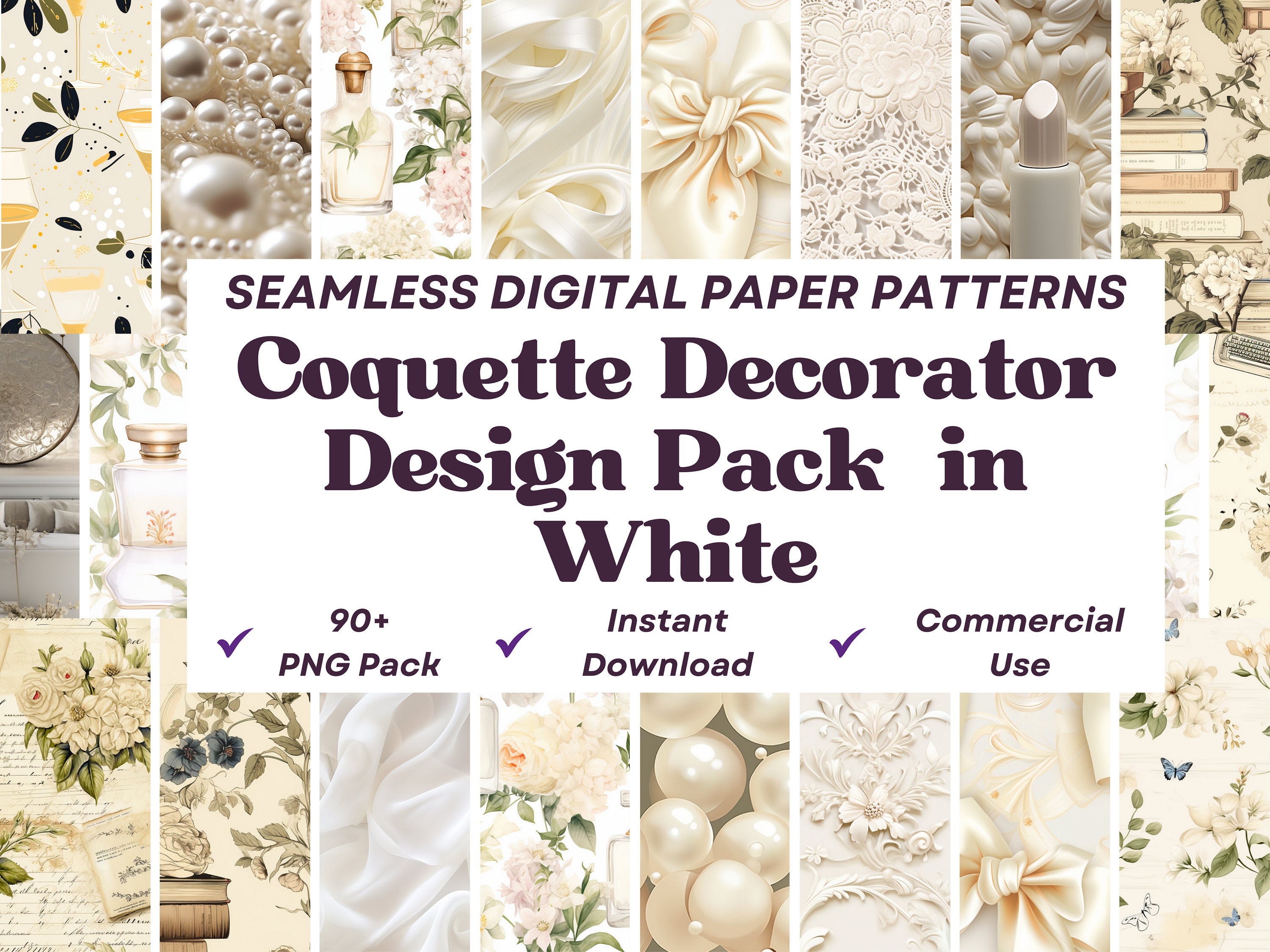 90+ Coquette Decorator Seamless Digital Papers in WHITE * Premium PNG ...