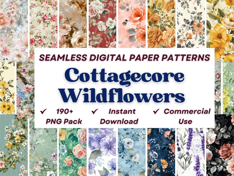 190+ Cottage Core Seamless Digital Papers * W Ildflower PNG Bundle ...