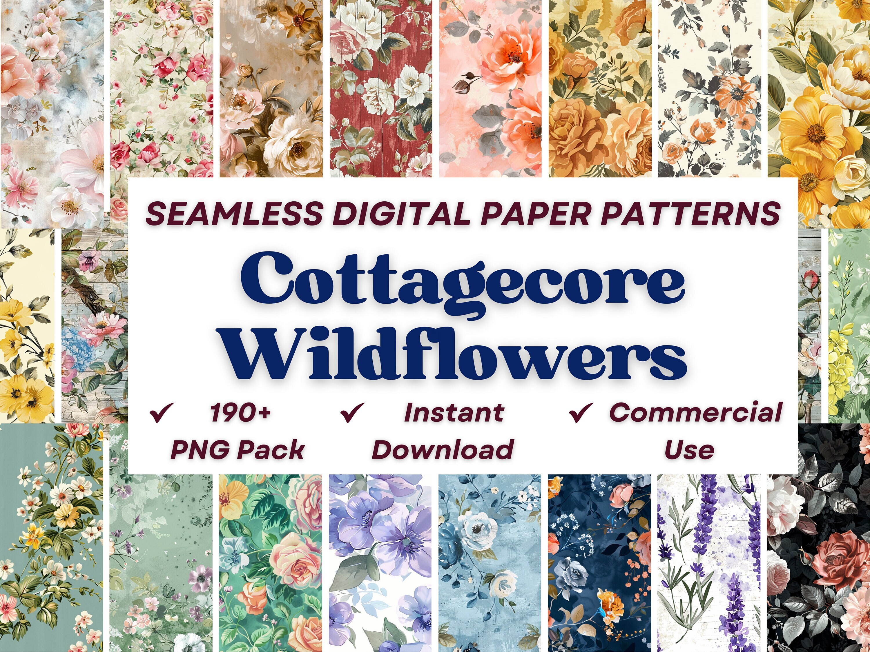 190+ Cottage Core Seamless Digital Papers * W Ildflower PNG Bundle ...