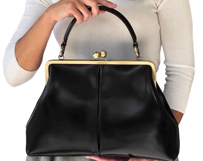 Handbags Womens, Handbags Leather "vintage Olive" in Black, Kiss Lock ...