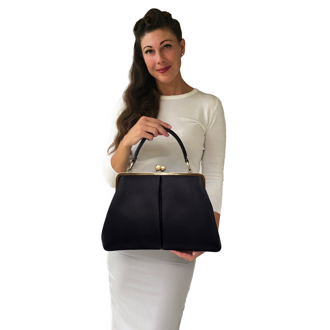 Women's Leather Bag, Kiss Lock Bag olivia in Black - Etsy