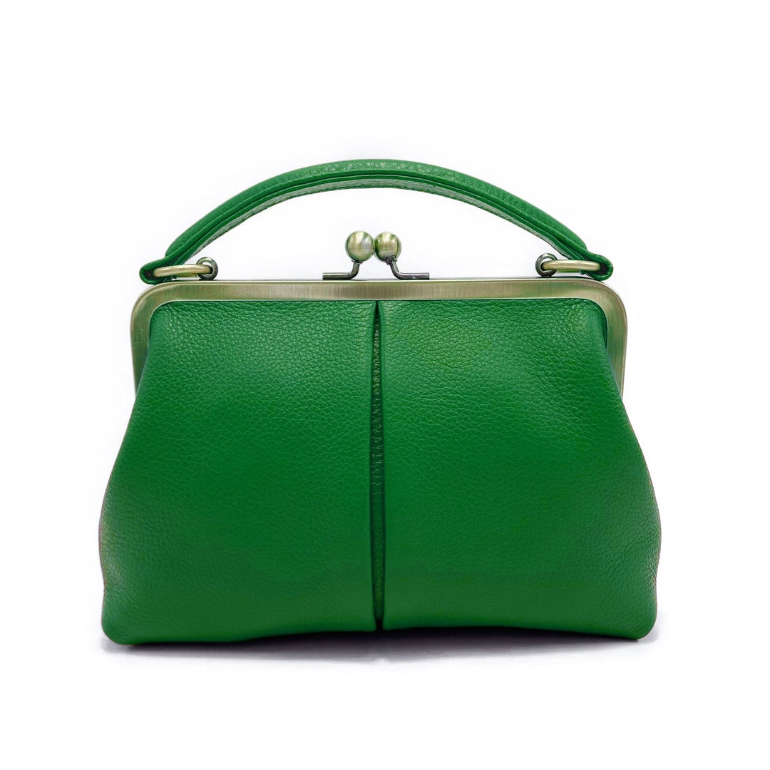 Retro Handbag - Kiss Lock Bag - Green | "small Olive" Leather Handbag ...