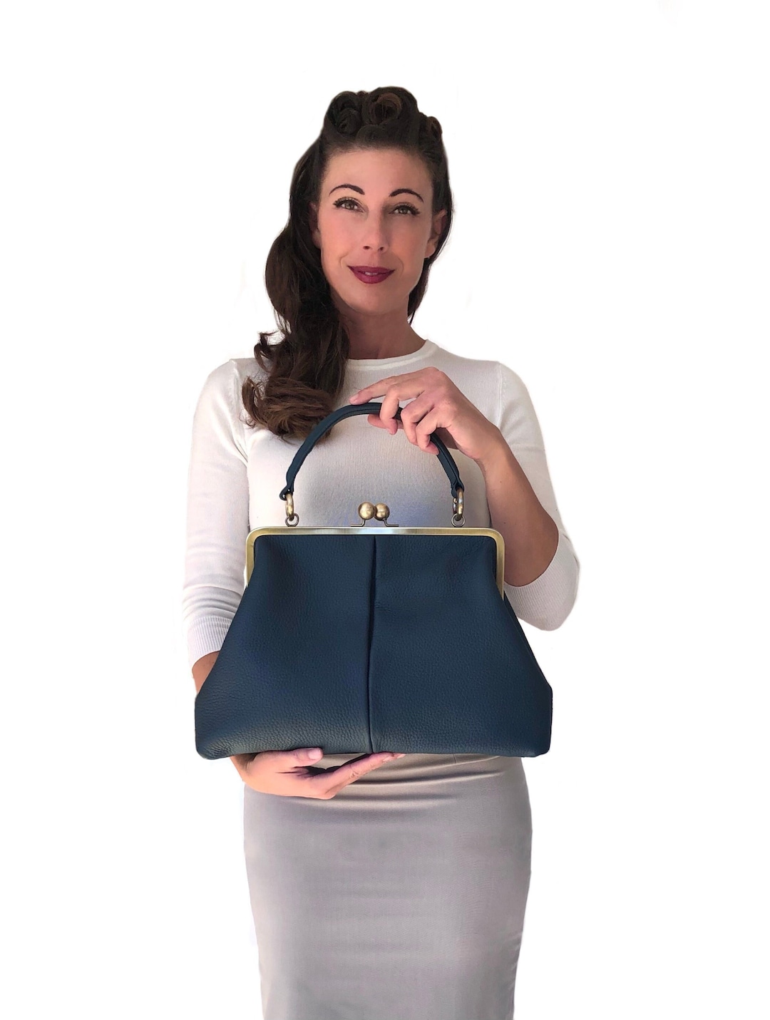 Kiss Lock Retro Handbag olivia in Navy Blue, Top Handle Bag Shoulder ...