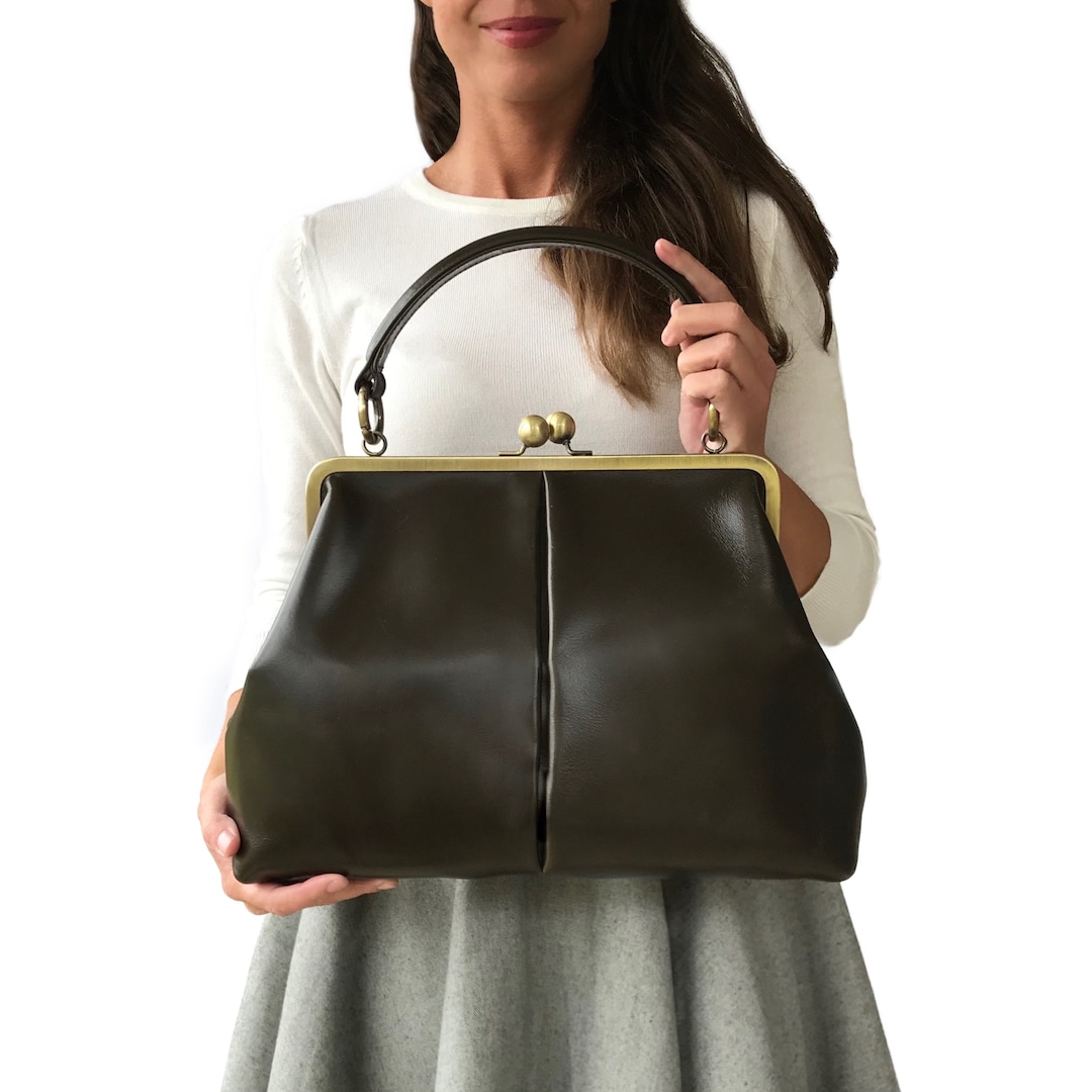 Leather Handbag, Leather Purse vintage Olive in Darkgreen, Shoulder Bag ...