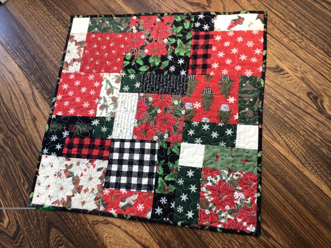 Square Quilted Table Topper, Christmas Patchwork Runner With Black ...